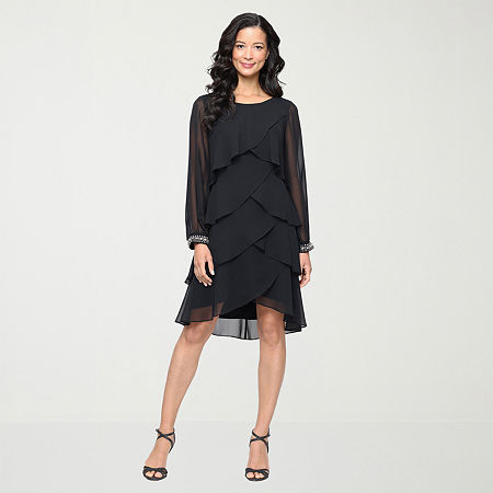Sl Fashions Womens Rhinestone-Cuff Tiered Dress - BLACK