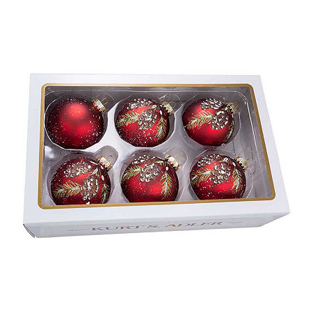 Kurt Adler 80MM Glass Red With Pinecone Design Ball Ornaments  6 Piece Box Set