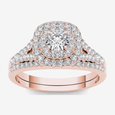 1 CT.T.W. Natural Diamond Halo 10K Rose Gold Engagement Ring Set, Color ...