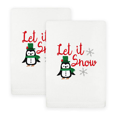 Linum Home Christmas Let It Snow Embroidered Luxury 100 Turkish Cotton Hand Towels  2 Piece Set - White
