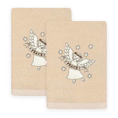 Linum Home Christmas Angel Embroidered Luxury 100 Turkish Cotton Hand Towels  2 Piece Set - Sand