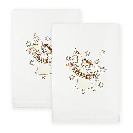 Linum Home Christmas Angel Embroidered Luxury 100 Turkish Cotton Hand Towels  2 Piece Set - White
