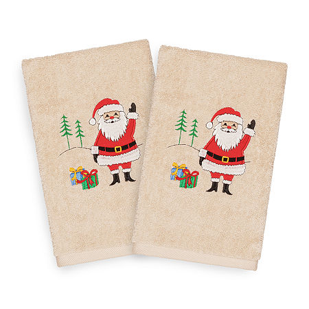 Linum Home Christmas Santa Waving 100 Turkish Cotton 2-Pc. Hand Towel Set - Sand