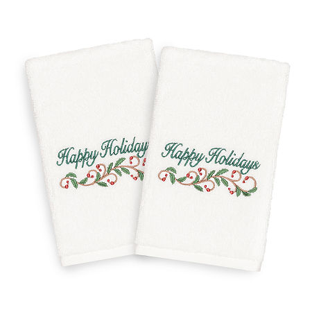 Linum Home Christmas Happy Holidays 100 Turkish Cotton 2-Pc. Hand Towel Set - White