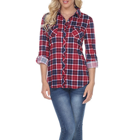 Womens White Mark Oakley Stretch Plaid Casual Button Down Top