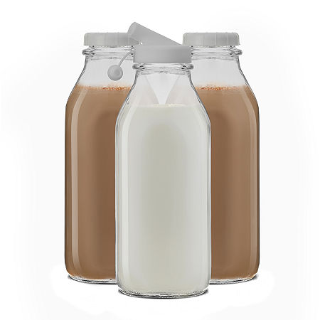 JoyJolt Glass Milk Bottles with Lids 32 oz - Clear