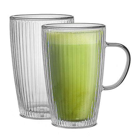 JoyJolt Savor Fluted Glass Coffee Mugs  Doublewall Insulated  15oz  Set of 2 - Clear