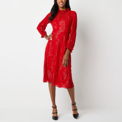 Liz Claiborne Womens Long Sleeve Floral Midi A-Line Dress, Color: Rumba ...