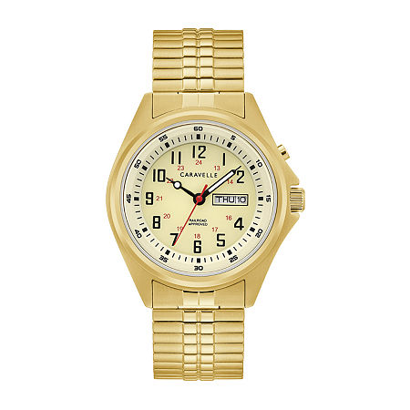 Caravelle Mens Traditional Gold-Tone Stainless Steel Expansion Bracelet Watch 40mm - Gold