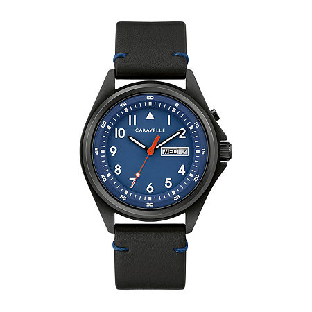 Caravelle Mens Traditional Black Leather Strap Watch 40mm - Black