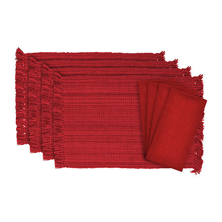 Variegated Fringe Placemat and Napkin  Set of 8 - Red