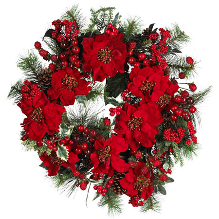 Click here for Nearly Natural 24in Poinsettia Wreath  One Size  G... prices