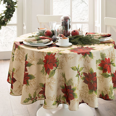Elrene Festive Poinsettia Holiday Round Tablecloth  70 x 70 - Multi