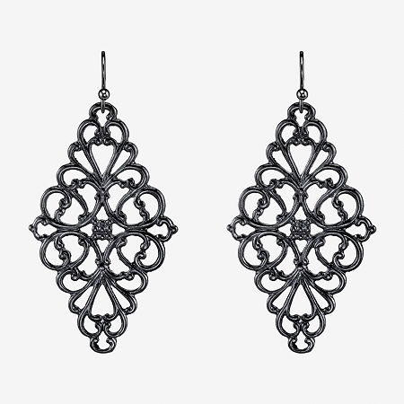 2028 Black-Tone Filigree Diamond Drop Earrings - Black