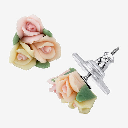 2028 Gold-Tone Ivory and Pink Porcelain Rose Button Earrings - Pink