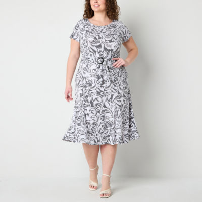 Perceptions Womens Plus Short Sleeve Scroll Midi Fit + Flare Dress ...