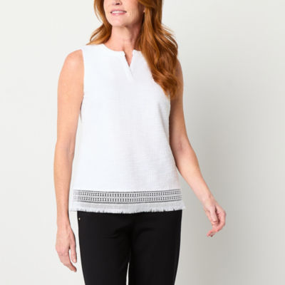 Liz Claiborne Womens Split Crew Neck Sleeveless Blouse, Color: White ...