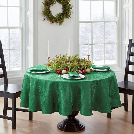 Elrene Poinsettia Elegance Jacquard Holiday Tablecloth - 60 x 84 Oval - Green