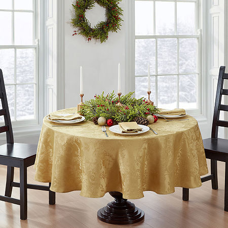 Elrene Poinsettia Elegance Jacquard Holiday Tablecloth - 90 Round - Gold