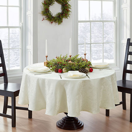 Elrene Poinsettia Elegance Jacquard Holiday Tablecloth - 60 x 84 Oval - Ivory