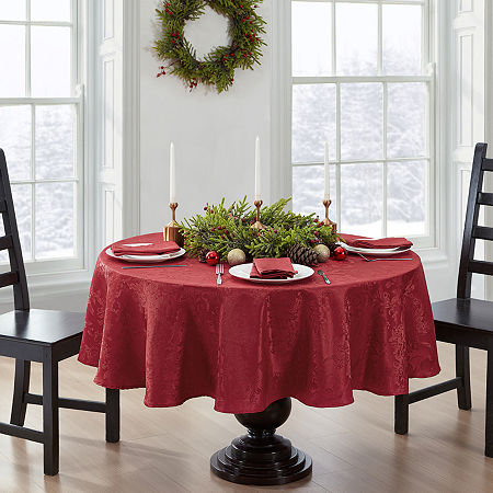 Elrene Poinsettia Elegance Jacquard Holiday Tablecloth - 60 x 84 Oval - Red