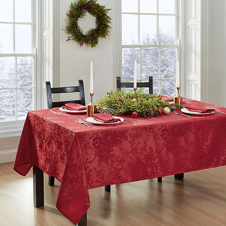Elrene Poinsettia Elegance Jacquard Holiday Tablecloth - 52 x 70 Oblong - Red