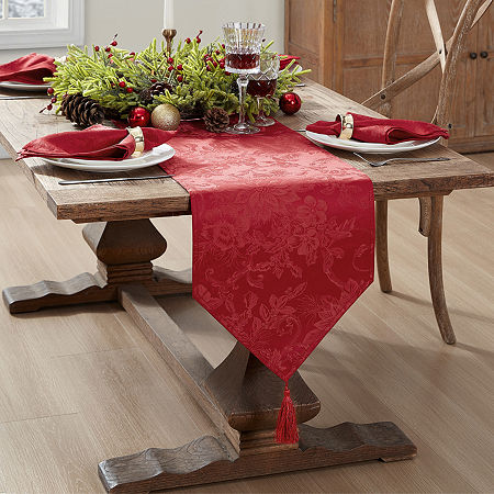 Elrene Poinsettia Elegance Jacquard Holiday Table Runner - Red