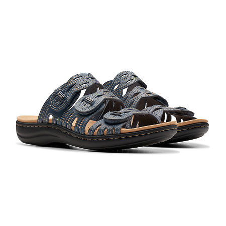 Clarks Laurieann Ruby Scalloped Strap Slide Sandals - Blue Grey Leather