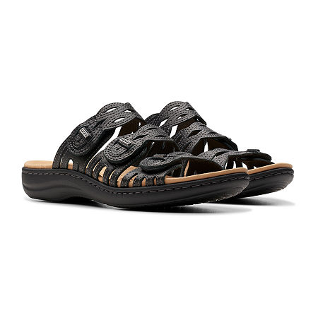 Clarks Laurieann Ruby Scalloped Strap Slide Sandals - Black Leather