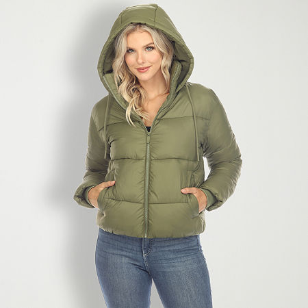 Click here for Womens White Mark Zip Hooded Bomber Puffer Jacket prices