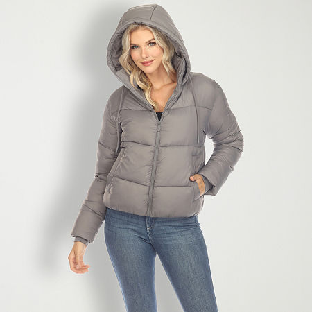 Click here for Womens White Mark Zip Hooded Bomber Puffer Jacket prices