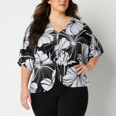 Bold Elements Plus Womens V Neck 3/4 Sleeve Blouse, Color: Black White ...