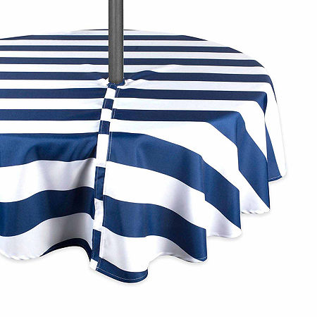 Nautical Blue Cabana Stripe Outdoor Table cloth with Zipper 52 Round - Navy