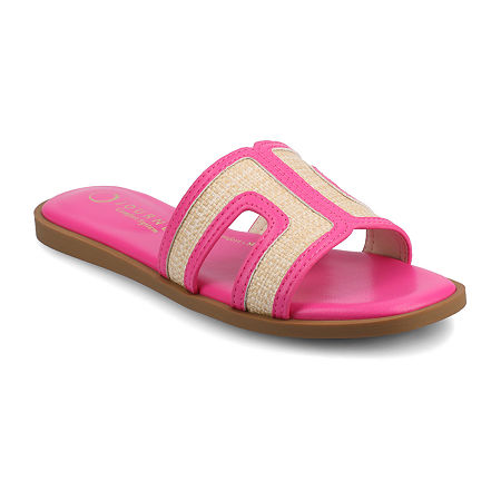 Journee Collection Womens Primah H Band Medium and Wide Width Slip On Flat Sandals - Fuschia Raffia