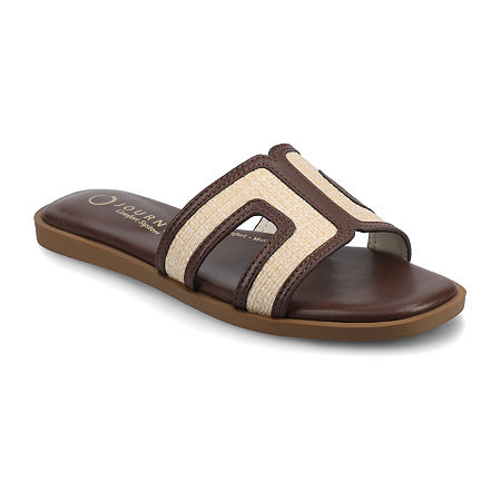 Journee Collection Womens Primah H Band Medium and Wide Width Slip On Flat Sandals - Chocolate Raffia