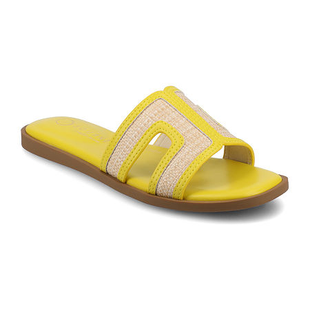 Journee Collection Womens Primah H Band Medium and Wide Width Slip On Flat Sandals - Mango Raffia