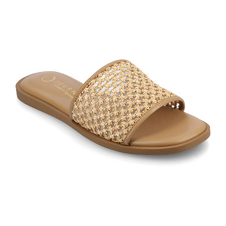 Journee Collection Womens Prisilla Comfort System Linen Slip On Flat Sandals - Cognac Open Raffia