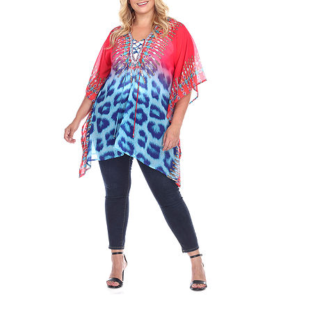 White Mark Plus Size Criss-Cross Neckline Animal Print Caftan Top - Pink