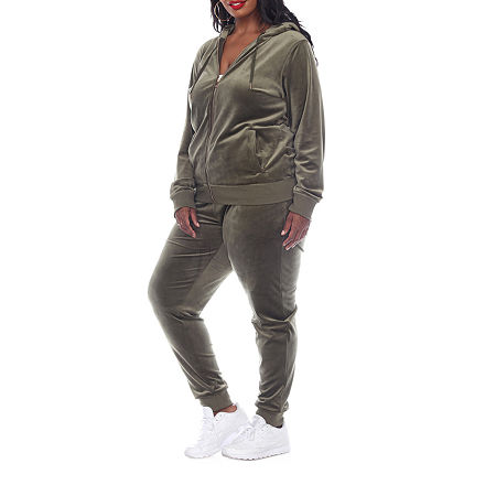White Mark Plus Size Velour Tracksuit Loungewear 2pc Set - Green