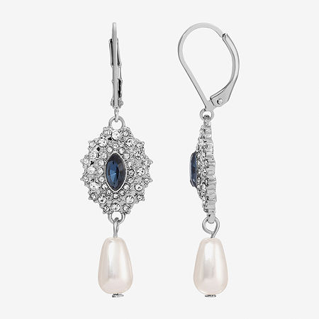 1928 Silver Tone Blue Starburst Crystal Pearl Drop Earrings