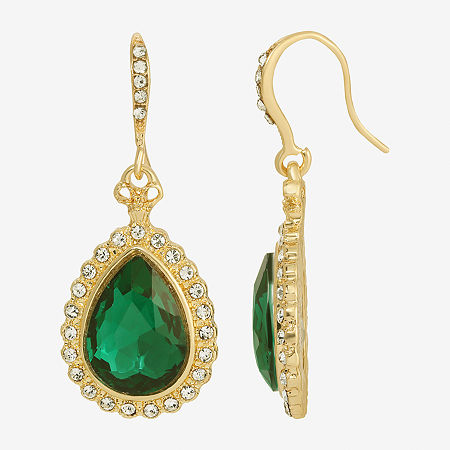 1928 Gold Tone Victorian Green Teardrop Drop Earrings
