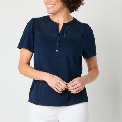 Liz Claiborne Womens Split Crew Neck Short Sleeve Blouse - JCPenney