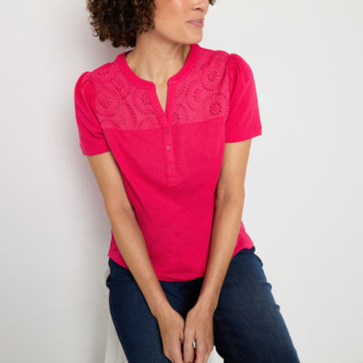 Liz Claiborne Womens Split Crew Neck Short Sleeve Blouse - JCPenney