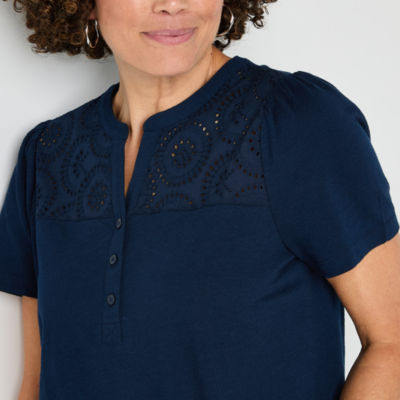 Liz Claiborne Womens Split Crew Neck Short Sleeve Blouse - JCPenney