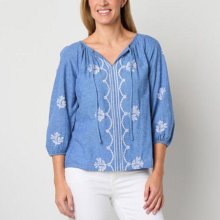 Click here for St. Johns Bay Womens Split Tie Neck 3/4 Sleeve Blo... prices