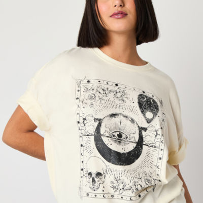 Juniors Celestial Oversized Tee Womens Crew Neck Short Sleeve Graphic T-Shirt, Color: Egret ...