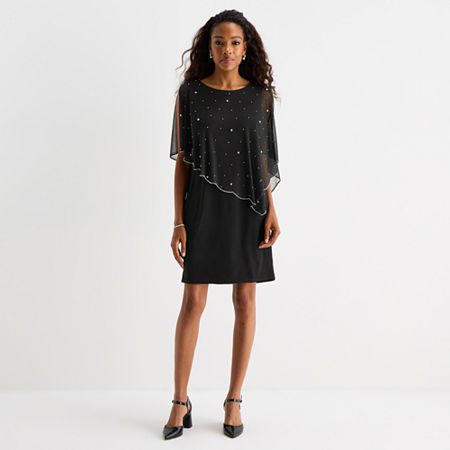 Msk Womens Beaded Overlay Crewneck Dress - BLACK