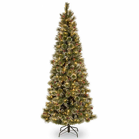 National Tree Company 7.5 Glittery Bristle Slim Pine Hinged Christmas Tree With White Tipped Cones 500 Clear Lights