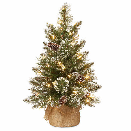 National Tree Company 2 Glittery Bristle Pine Burlap Tree with Warm White Battery Operated Led Lights - Green