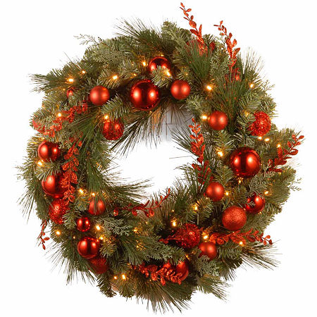 National Tree 24 Decorative Collection Chrisas Red Mixed Wreaths with 50 Soft White Battery Operated LEDs with Timer - Green